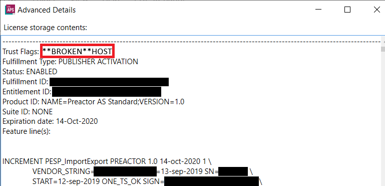 License Advanced Details Shows BROKEN HOST.